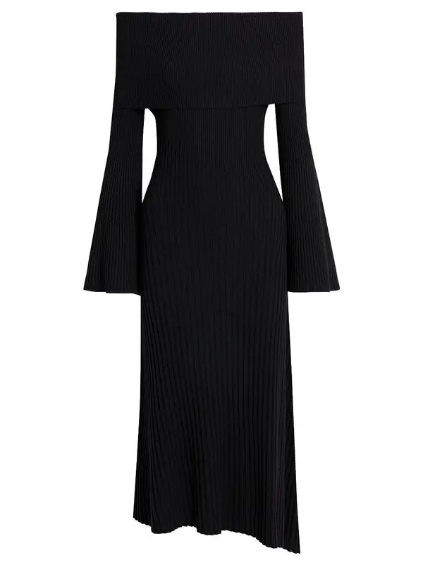 A.L.C. Eve Off-the-shoulder Asymmetric Merino Wool-blend Midi Dress - Black