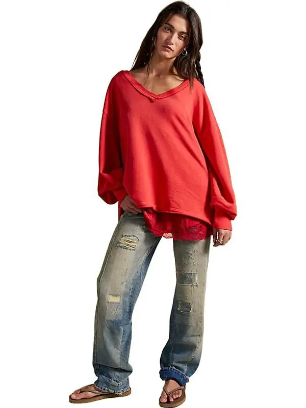 Free People We The Free Venice V-neck Sweatshirt - Flame Red