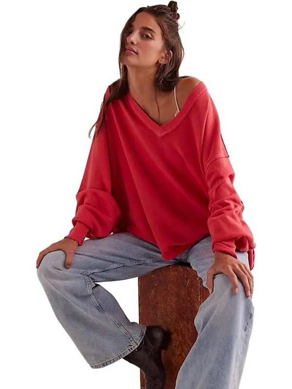 Free People We The Free Venice V-neck Sweatshirt - Red Coral