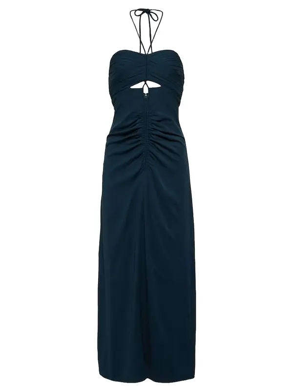 SELF-PORTRAIT Cutout Ruched Halterneck Maxi Dress - Blue