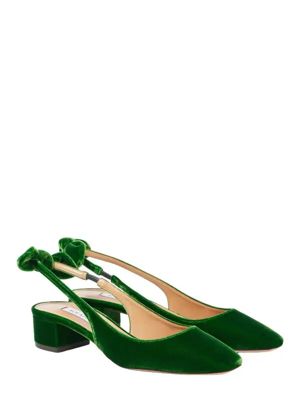 AQUAZZURA Very Bow Tie 35 Velvet Slingback Pumps - Green