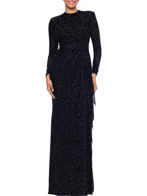Betsy & Adam Rhinestone Long Sleeve Stretch Gown - Black/silver