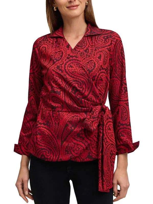 Foxcroft Saline Paisley Jacquard Wrap Blouse - Black/ Red
