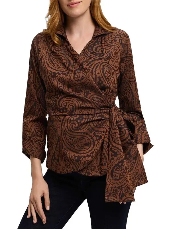 Foxcroft Saline Paisley Jacquard Wrap Blouse - Macchiato/black
