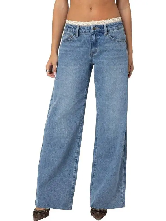 EDIKTED Karlie Lace Trim Low Rise Wide Leg Jeans - Blue