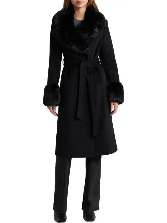 Via Spiga Belted Faux Fur Trim Coat - Black/black