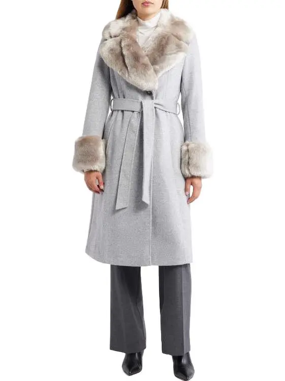 Via Spiga Belted Faux Fur Trim Coat - Heather Grey