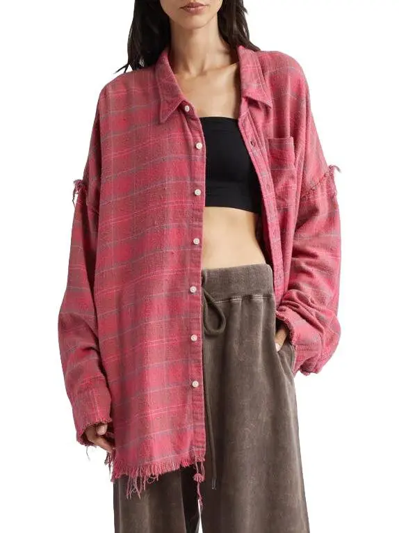 R13 Shredded Seam Oversized Plaid Cotton Flannel Shirt - Raspberry Overdyed Plaid