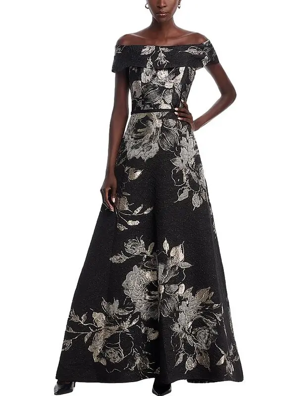 Rickie Freeman For Teri Jon Off-the-shoulder Floral Jacquard Gown - Black Metallic