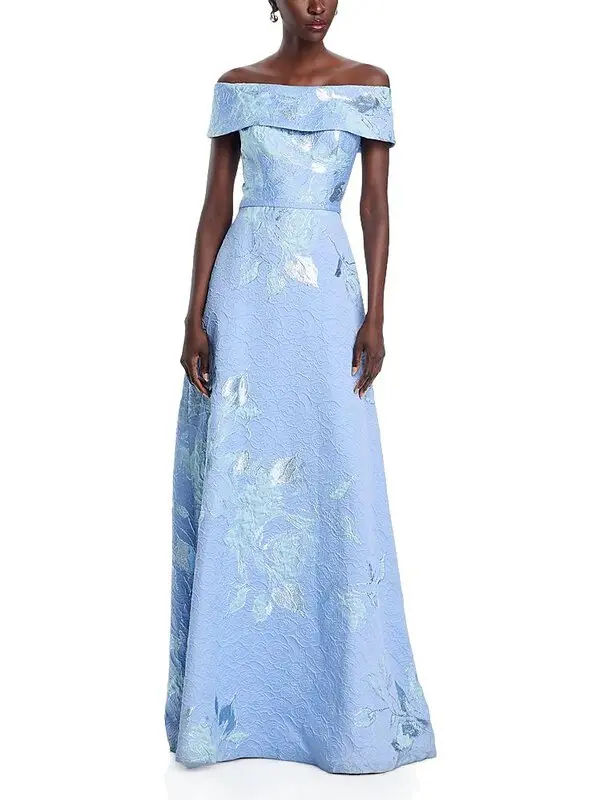 Rickie Freeman For Teri Jon Off-the-shoulder Floral Jacquard Gown - Peri Multi