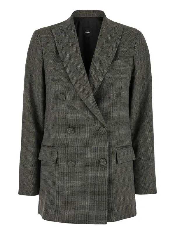 PLAIN Double-breasted Jacket With Check Motif - Brown