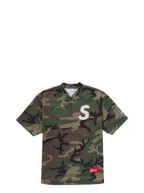 Supreme Logo Baseball Henley - Woodland Camo