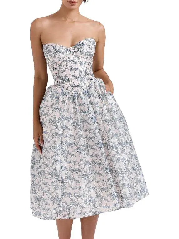 House Of Cb Bennett Corset Fit & Flare Dress - Navy Cream Floral