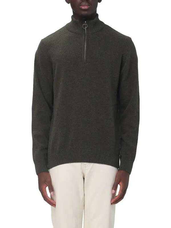 Barbour Quarter Zip Sweater With Plaid Elbow Patches - Olive