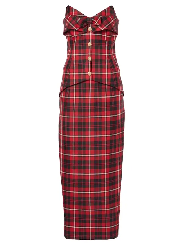 Alessandra Rich Tartan Wool Midi Dress - Red