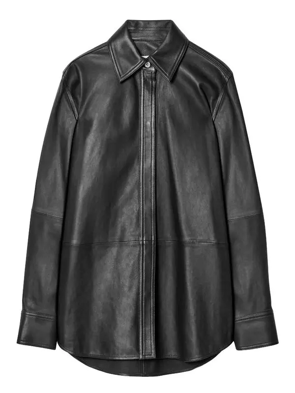 Cos Relaxed Topstitched Leather Shirt - Black