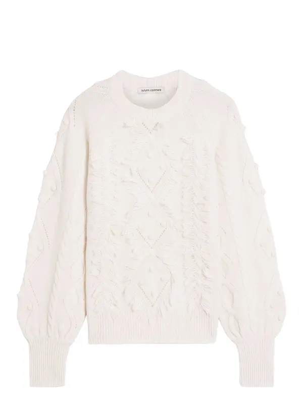 Autumn Cashmere Fringed Embellished Cable Knit Cashmere Sweater - Ivory