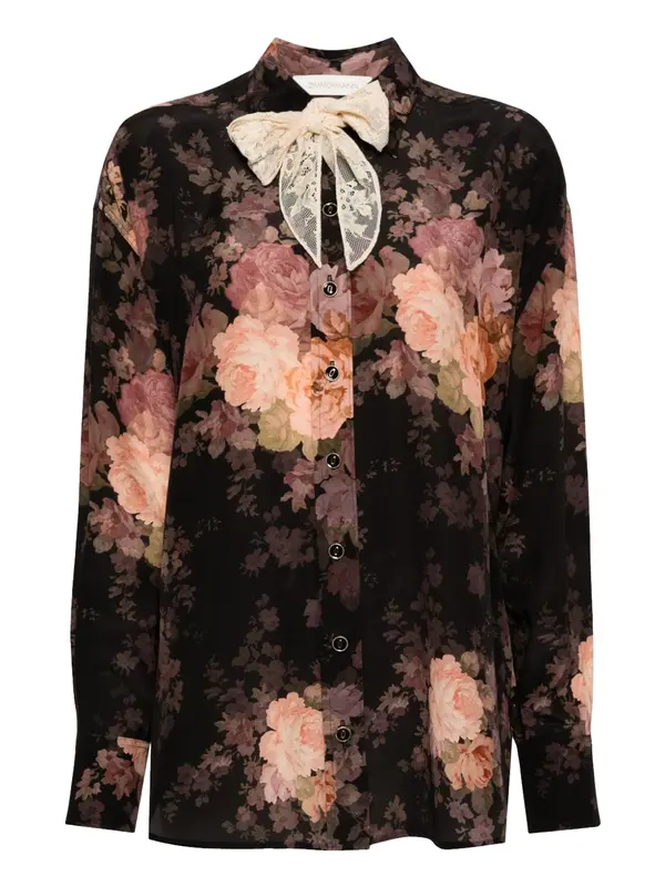 Zimmermann Floral Print Silk Shirt With Lace Scarf - Black