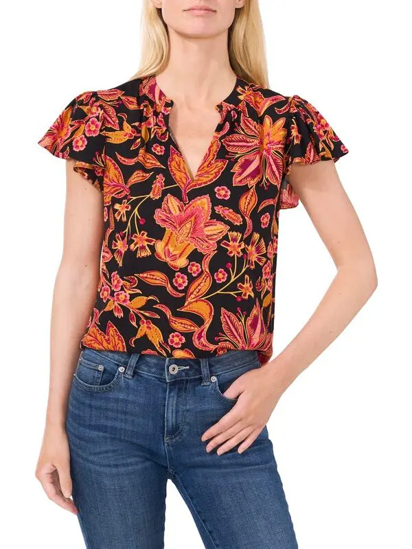 CECE DUPRAZ Floral Print Flutter Sleeve Top - Rich Black