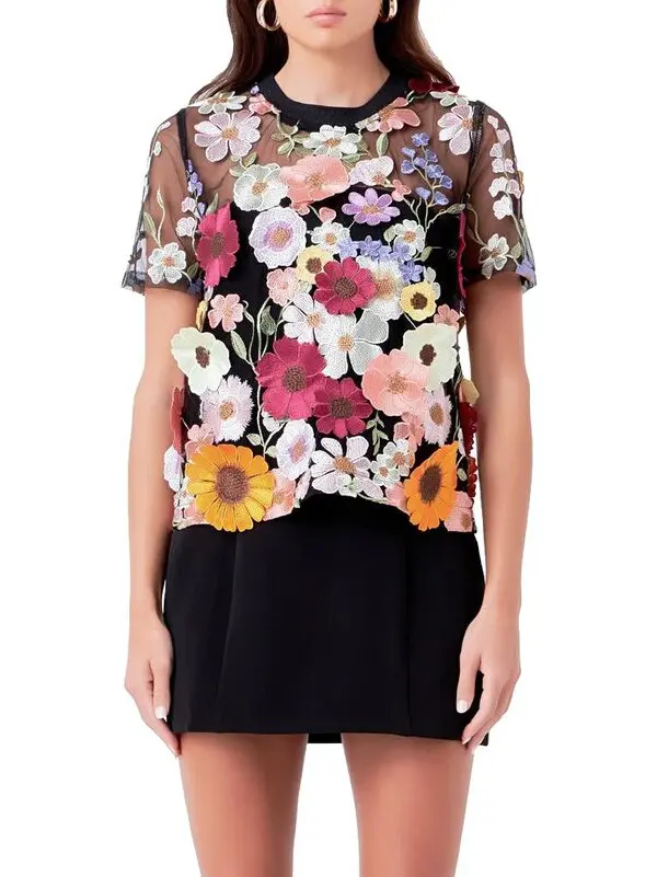 Endless Rose Floral Embroidered Organza Top - Black
