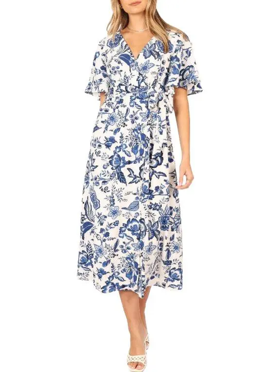 PETAL & PUP Kaleen Floral Midi Wrap Dress - White Blue