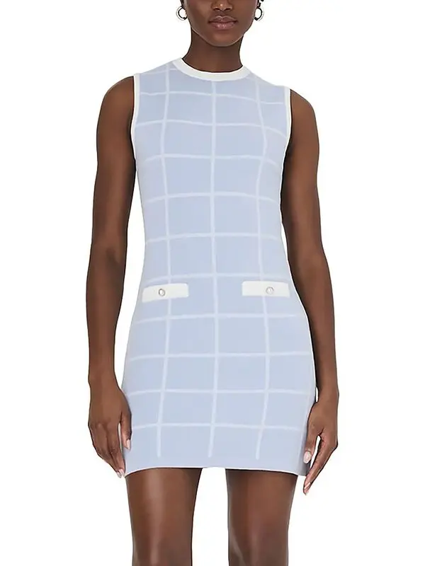 French Connection Check Sleeveless Round Neck Dress - Sky Blue/summer White