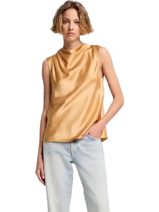 7 For All Mankind Silk High Neck Draped Blouse - Gold