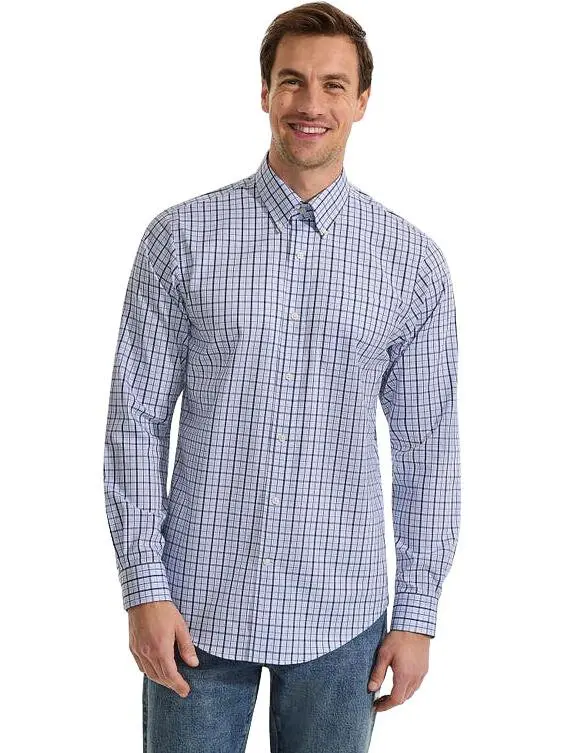 LANDS' END No Iron Supima Cotton Pinpoint Buttondown Collar Dress Shirt - Deep Sea Navy Breeze Plaid