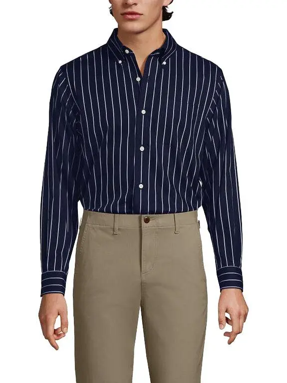 LANDS' END No Iron Supima Cotton Pinpoint Buttondown Collar Dress Shirt - Deep Sea/white Stripes