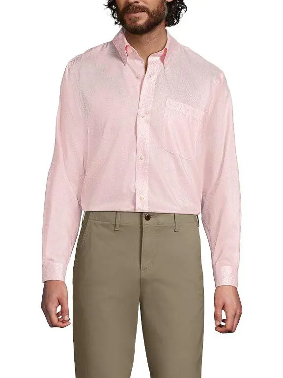 LANDS' END No Iron Supima Cotton Pinpoint Buttondown Collar Dress Shirt - Light Pink Breeze Ditsy