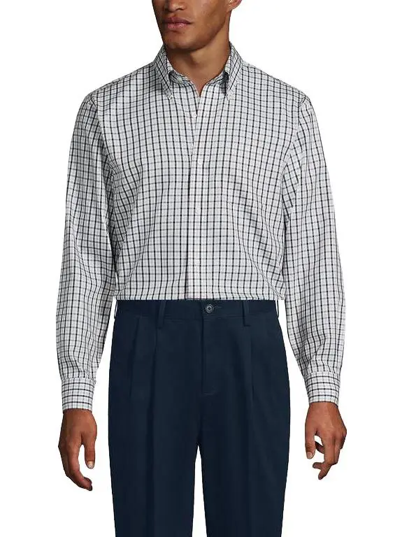 LANDS' END No Iron Supima Cotton Pinpoint Buttondown Collar Dress Shirt - Mineral Ash Multi Check