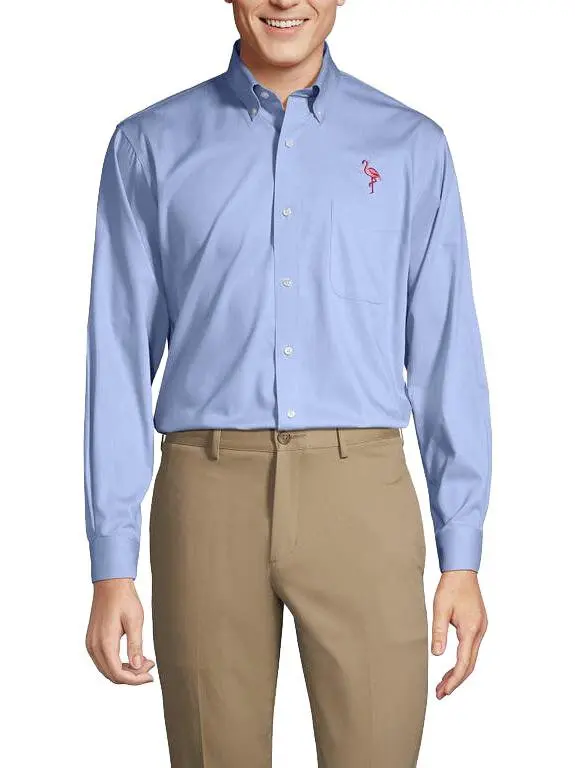 LANDS' END No Iron Supima Cotton Pinpoint Buttondown Collar Dress Shirt - Rich Sapphire Check