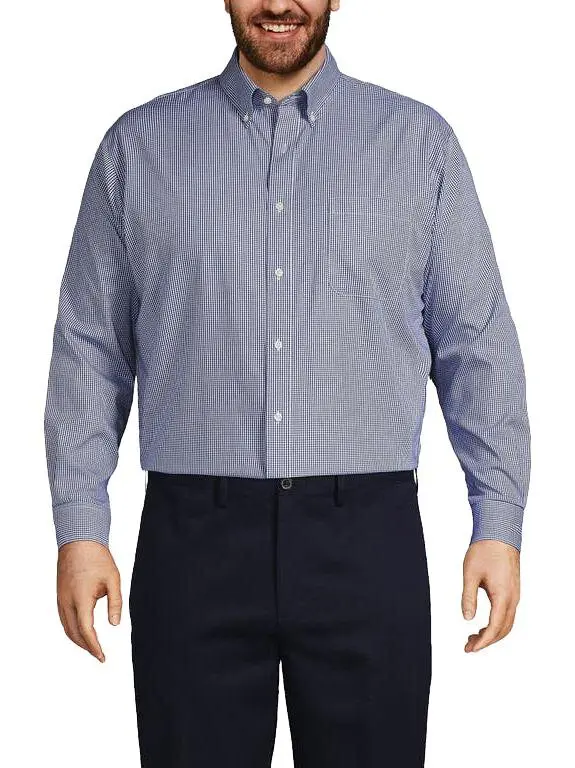 LANDS' END No Iron Supima Cotton Pinpoint Buttondown Collar Dress Shirt - Rich Sapphire Check