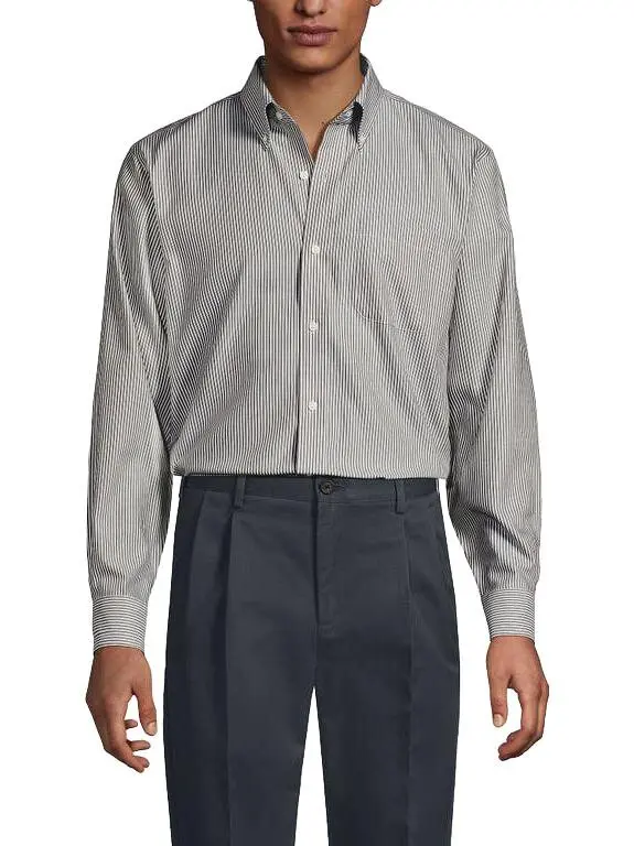LANDS' END No Iron Supima Cotton Pinpoint Buttondown Collar Dress Shirt - River Stone Green Stripe