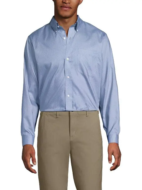 LANDS' END No Iron Supima Cotton Pinpoint Buttondown Collar Dress Shirt - Soft French Blue Dot
