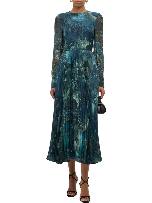 JASON WU Long-sleeve Pleated Chiffon Midi Dress - Lapis Multi