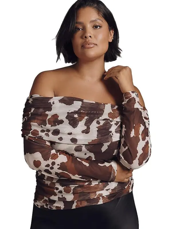 Maeve Aleda Mesh Off-shoulder Top - Chocolate
