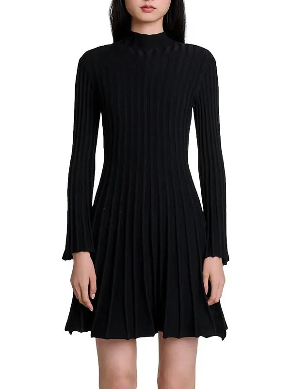 Maje Raffie Ribbed Flared Dress - Black