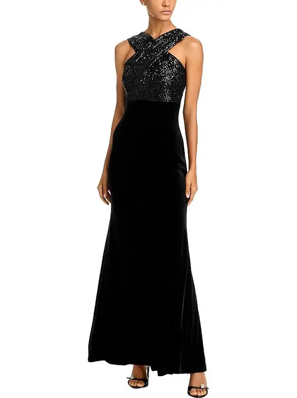 Eliza J Sequined Velvet Mermaid Gown - Black