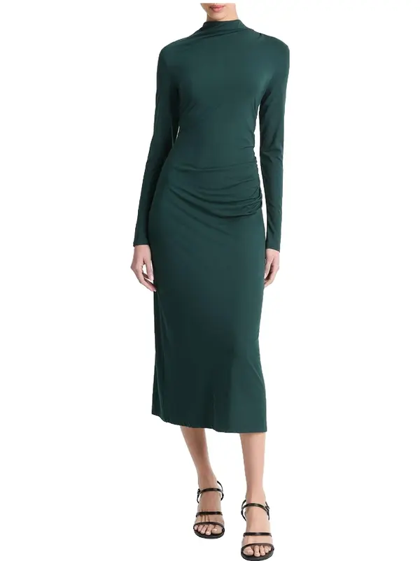 Vince Ruched Long-sleeve Turtleneck Dress - Green / Floral
