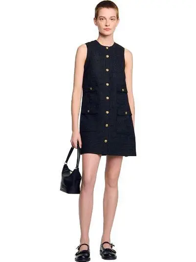 Sandro Tweed Mini Shift Dress - Black