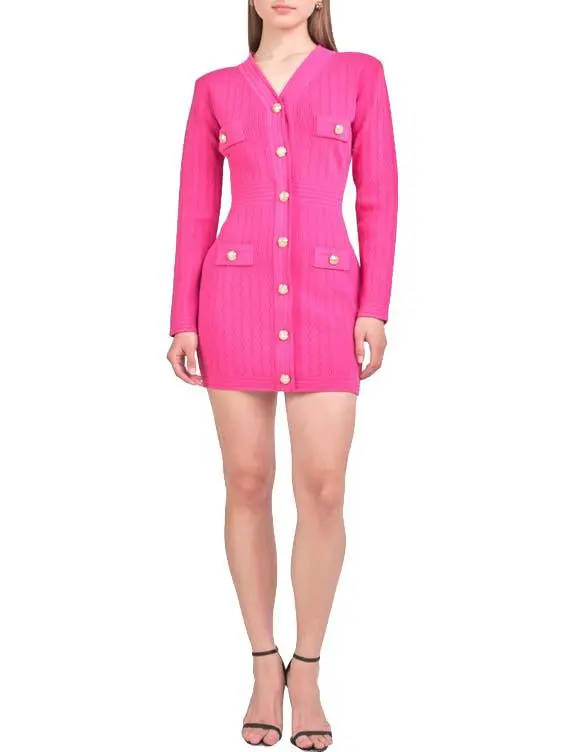Endless Rose Padded Shoulder Ribbed Sweater Minidress - Fuchsia