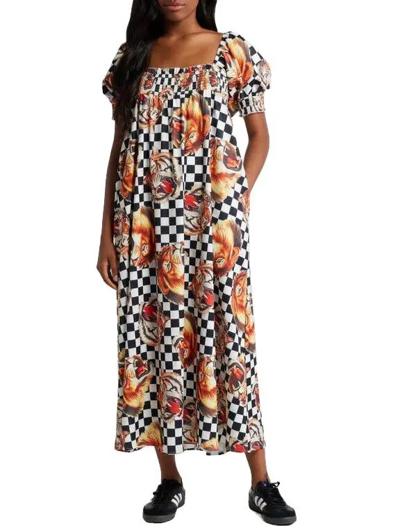 DRESSED IN LALA Palm Springs Lion Print Maxi Dress - Black And White Check