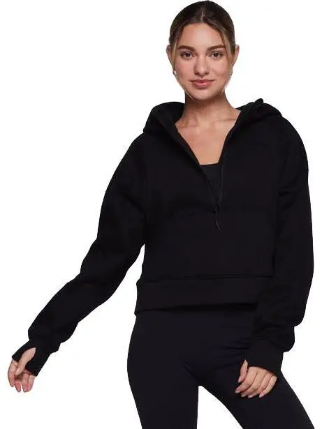 REBODY Fleece Half Zip Boxy Hoodie - Black