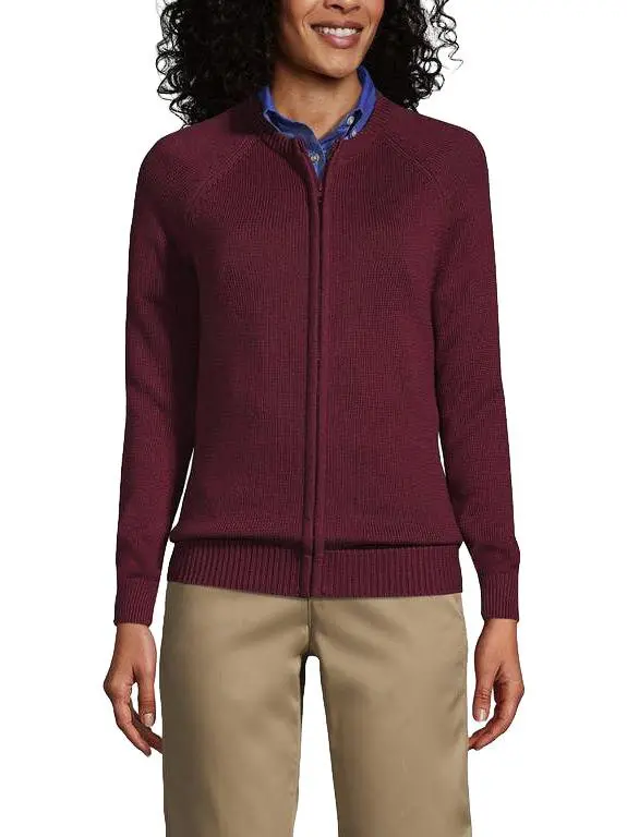 LANDS' END Cotton Modal Zip-front Cardigan Sweater - Burgundy
