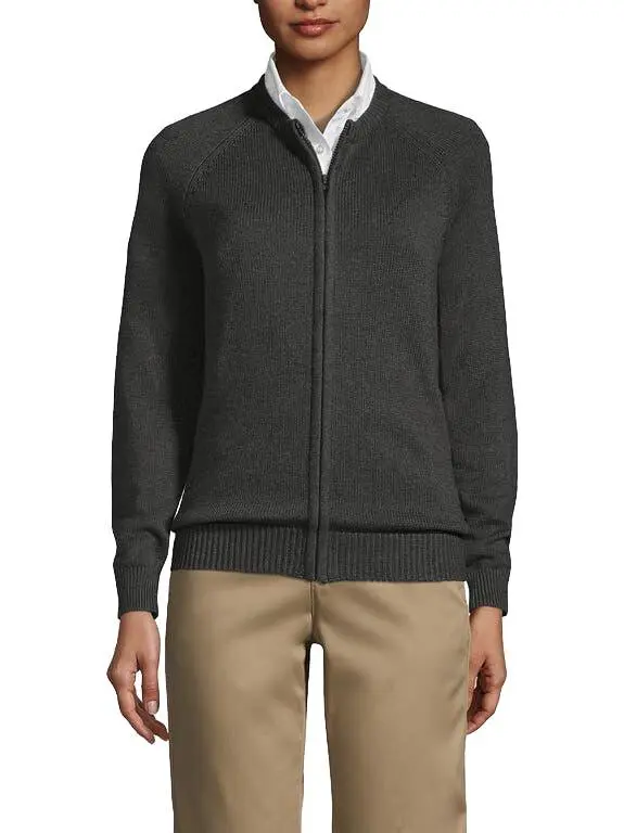 LANDS' END Cotton Modal Zip-front Cardigan Sweater - Coal Heather