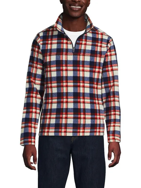 LANDS' END Anyweather Fleece Quarter Zip Pullover - Navy/bourbon Plaid