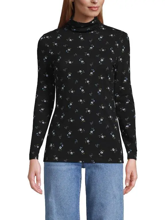 LANDS' END Lightweight Jersey Skimming Long Sleeve Turtleneck - Black/cobalt Tiny Floral