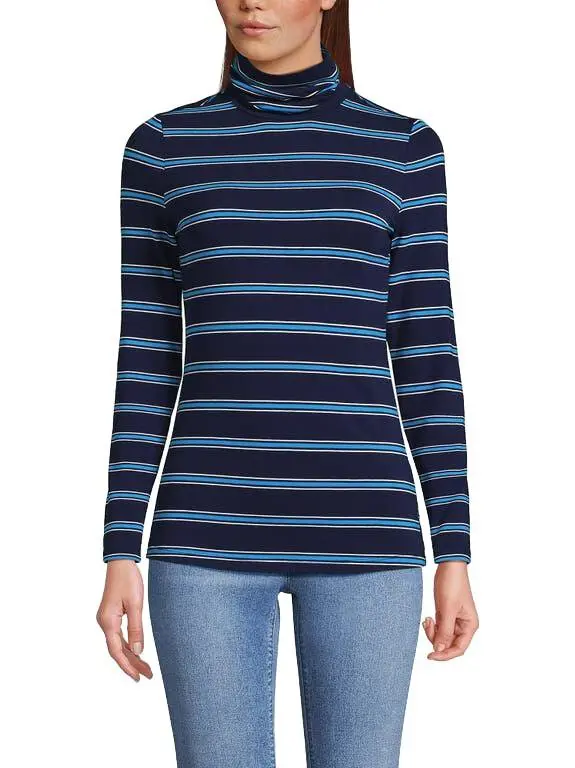 LANDS' END Long Sleeve Turtleneck - Deep Sea/cyan Stripe