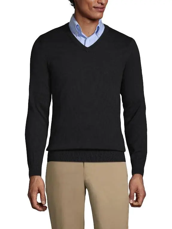 LANDS' END Cotton Modal Fine Gauge V-neck Sweater - Black